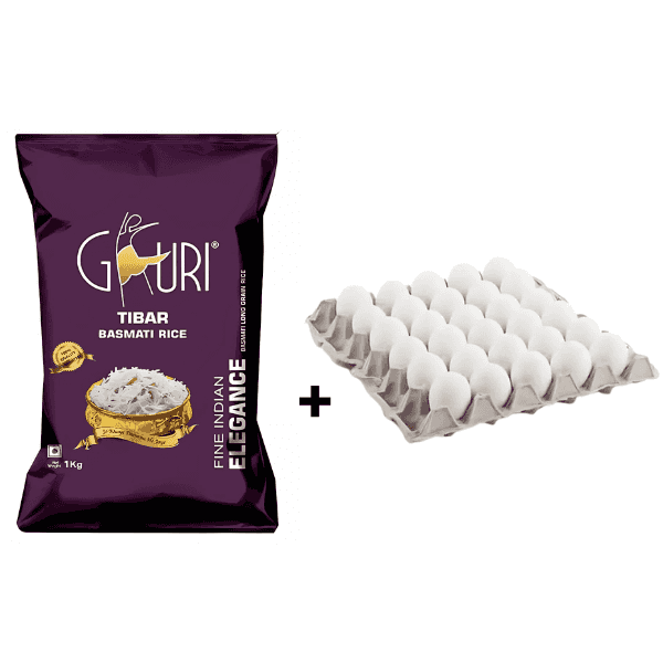White Egg Tray 30 Pcs + Gauri Tibar Basmati Rice 1 Kg (Combo Pack)