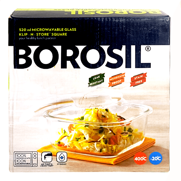 Borosil 520 Ml Microwavable Glass Klip-N-Store Square Lunch Box 1 Unit